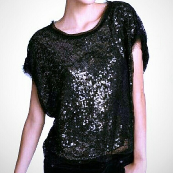 Joie | Tops | Joie Addison Caviar Sequin Mesh Lace Cap Sleeves Cropped ...